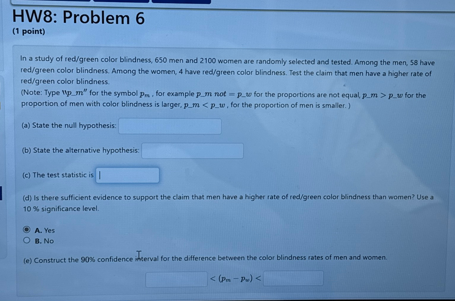 Solved HW8: Problem 6(1 ﻿point)In a study of red/green color | Chegg.com