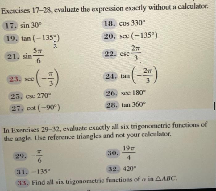 Solved Exercises 17-28, evaluate the expression exactly | Chegg.com