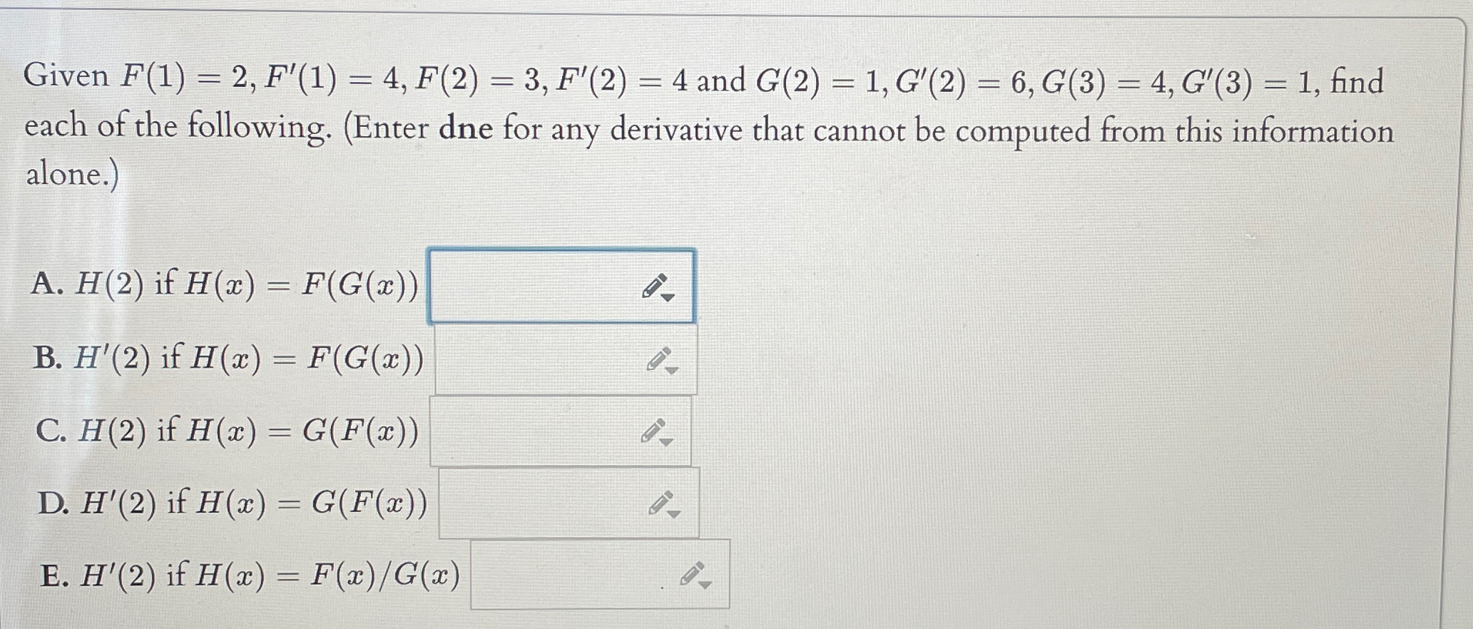 Solved Given F(1)=2,F'(1)=4,F(2)=3,F'(2)=4 ﻿and | Chegg.com