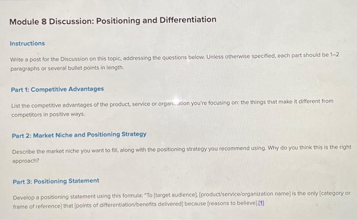 Solved Module 8 Discussion: Positioning and Differentiation | Chegg.com