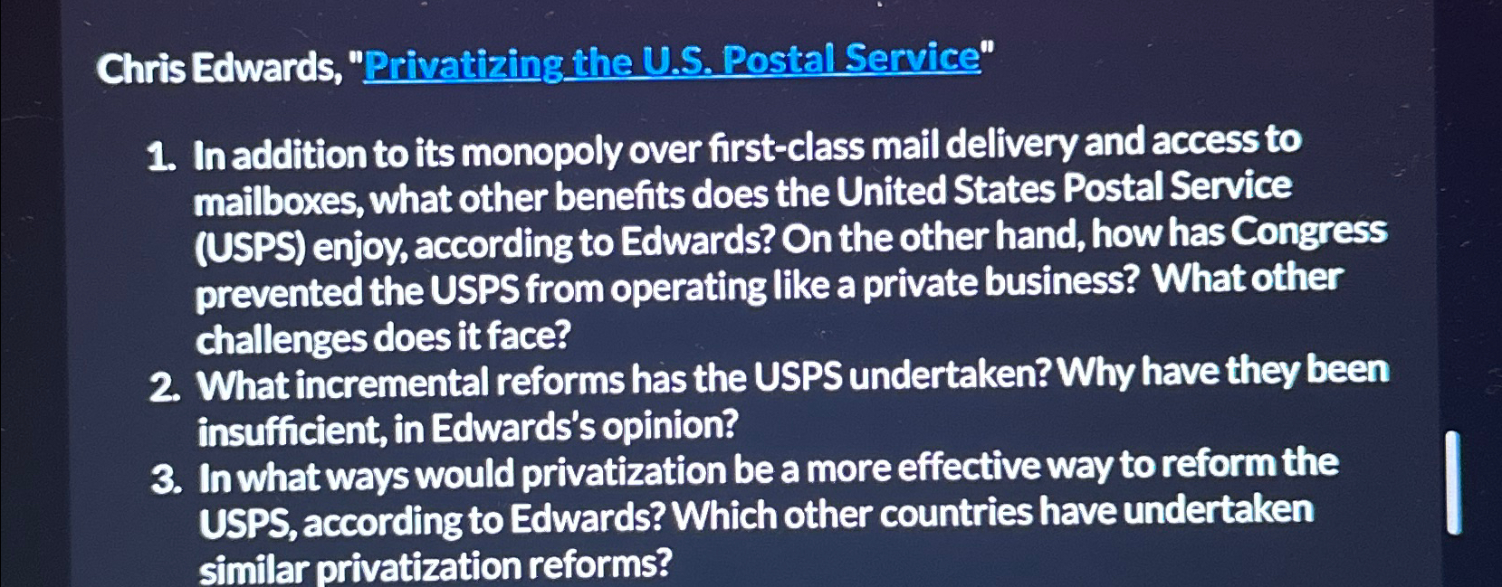 Solved Chris Edwards, "Privatizing the U.S. ﻿Postal | Chegg.com