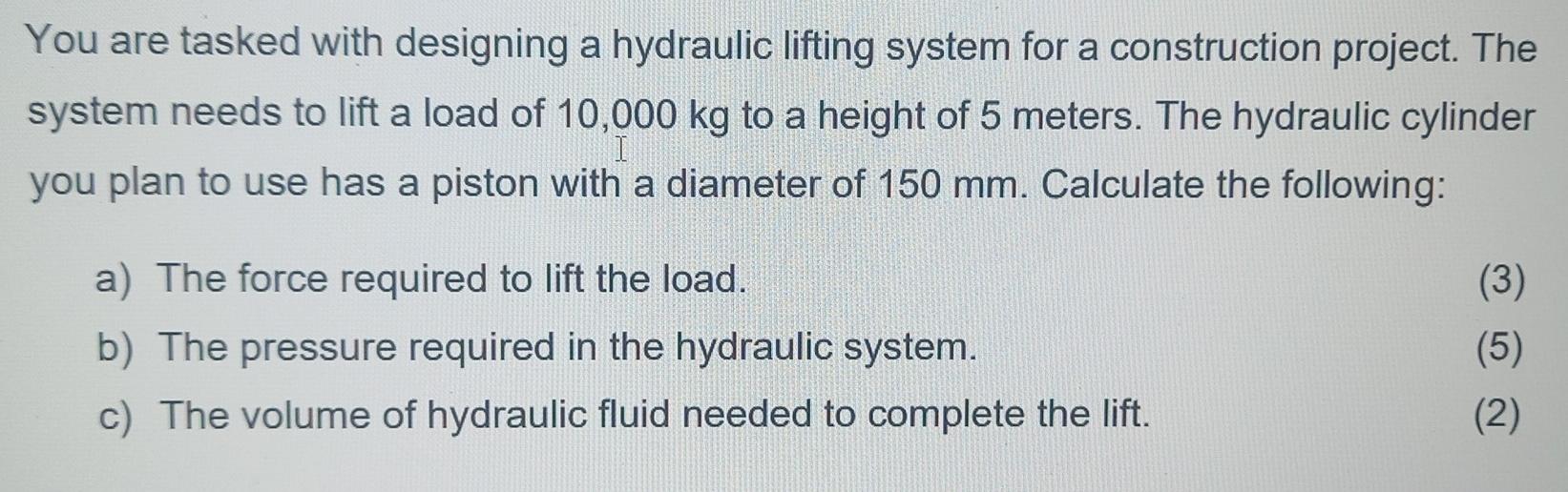 Solved You are tasked with designing a hydraulic lifting | Chegg.com