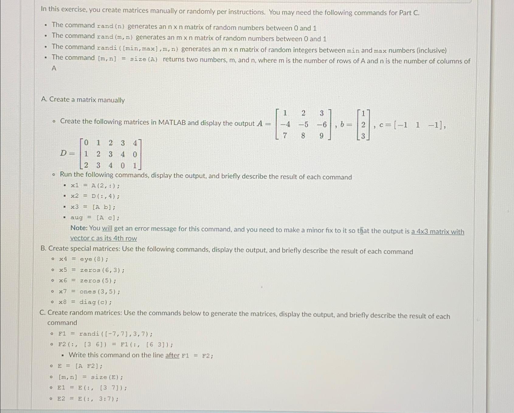 Solved In this exercise, you create matrices manually or | Chegg.com