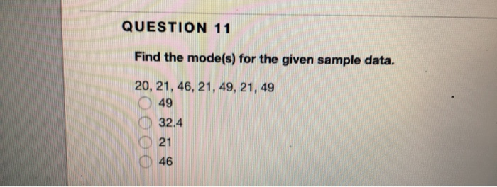 Solved QUESTION 11 Find the mode(s) for the given sample | Chegg.com