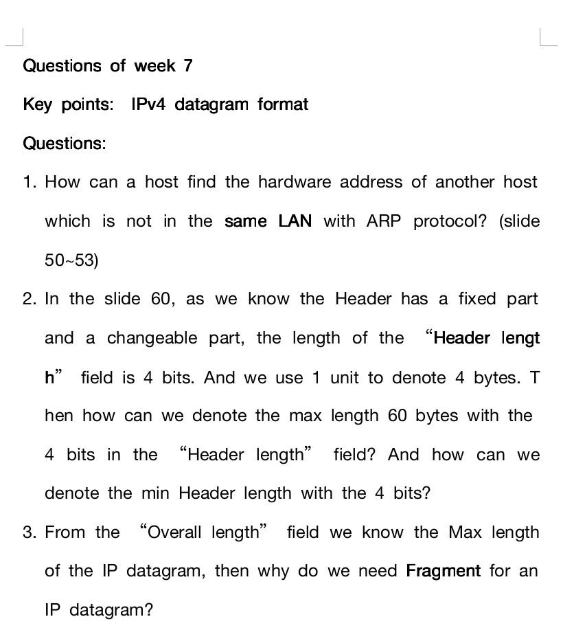 Solved Questions of week 7 Key points: IPv4 datagram format | Chegg.com