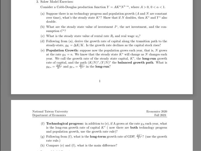 Solved 3. Solow Model Exercises: Consider a Cobb-Douglas | Chegg.com