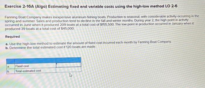 Solved Exercise 2-16A (Algo) Estimating fixed and variable | Chegg.com