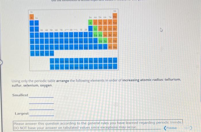 Solved Using only the periodic table arrange the following | Chegg.com