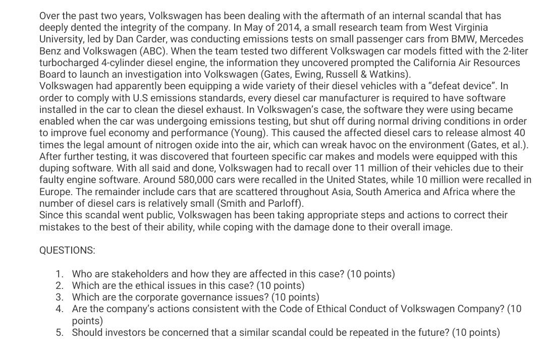 Solved Over the past two years, Volkswagen has been dealing | Chegg.com