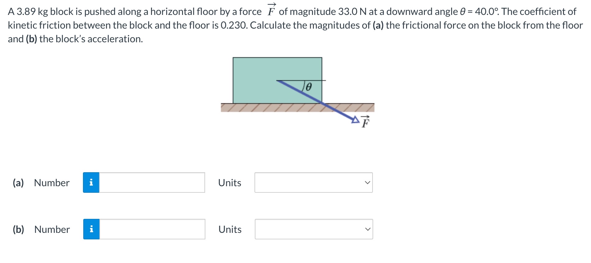 Solved A 3.89kg ﻿block is pushed along a horizontal floor by | Chegg.com