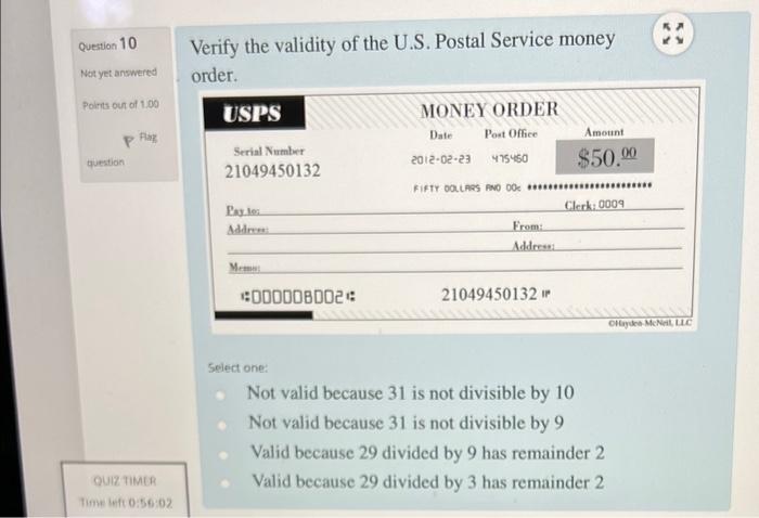 [Solved]: Question 10 Verify the validity of the U.S. Posta