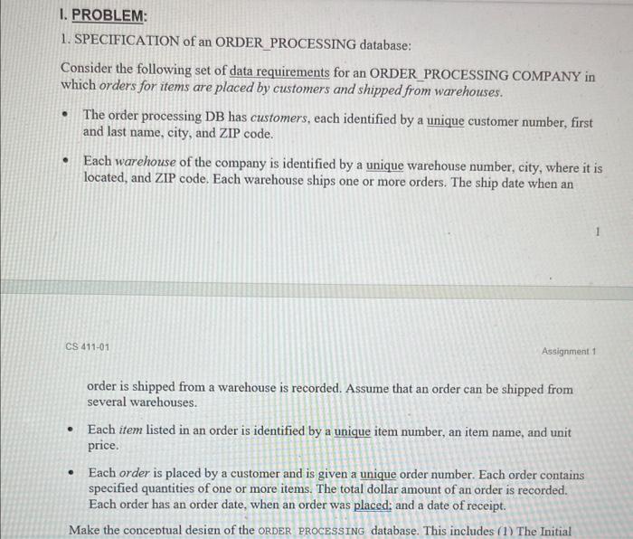 Solved I. PROBLEM: 1. SPECIFICATION of an ORDER_PROCESSING | Chegg.com