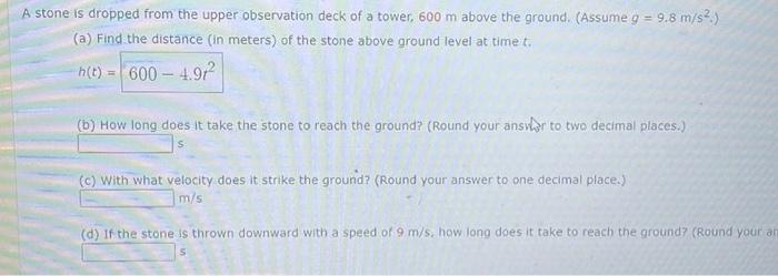 Solved stone is dropped from the upper observation deck of a | Chegg.com