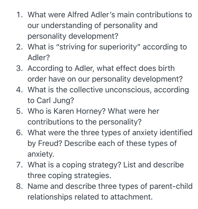 Solved 1. What were Alfred Adler's main contributions to our | Chegg.com