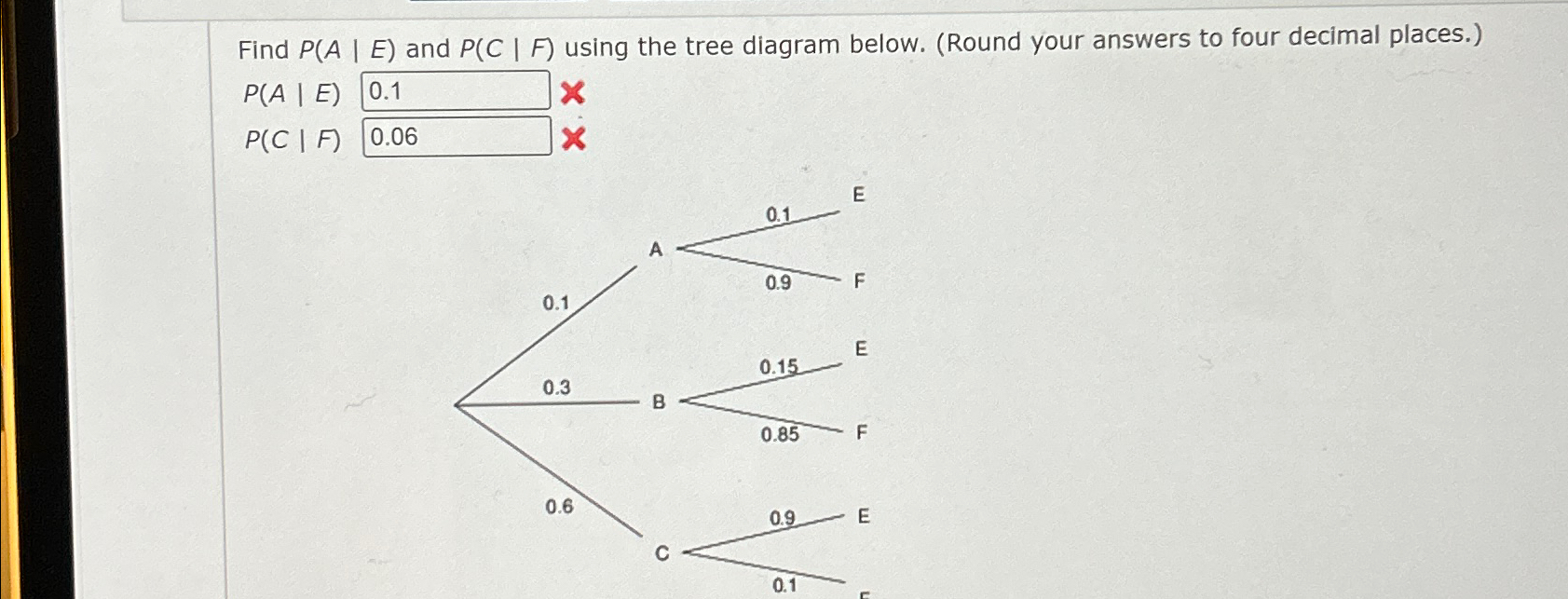 Solved Find P(A|E) ﻿and P(C|F) ﻿using the tree diagram | Chegg.com