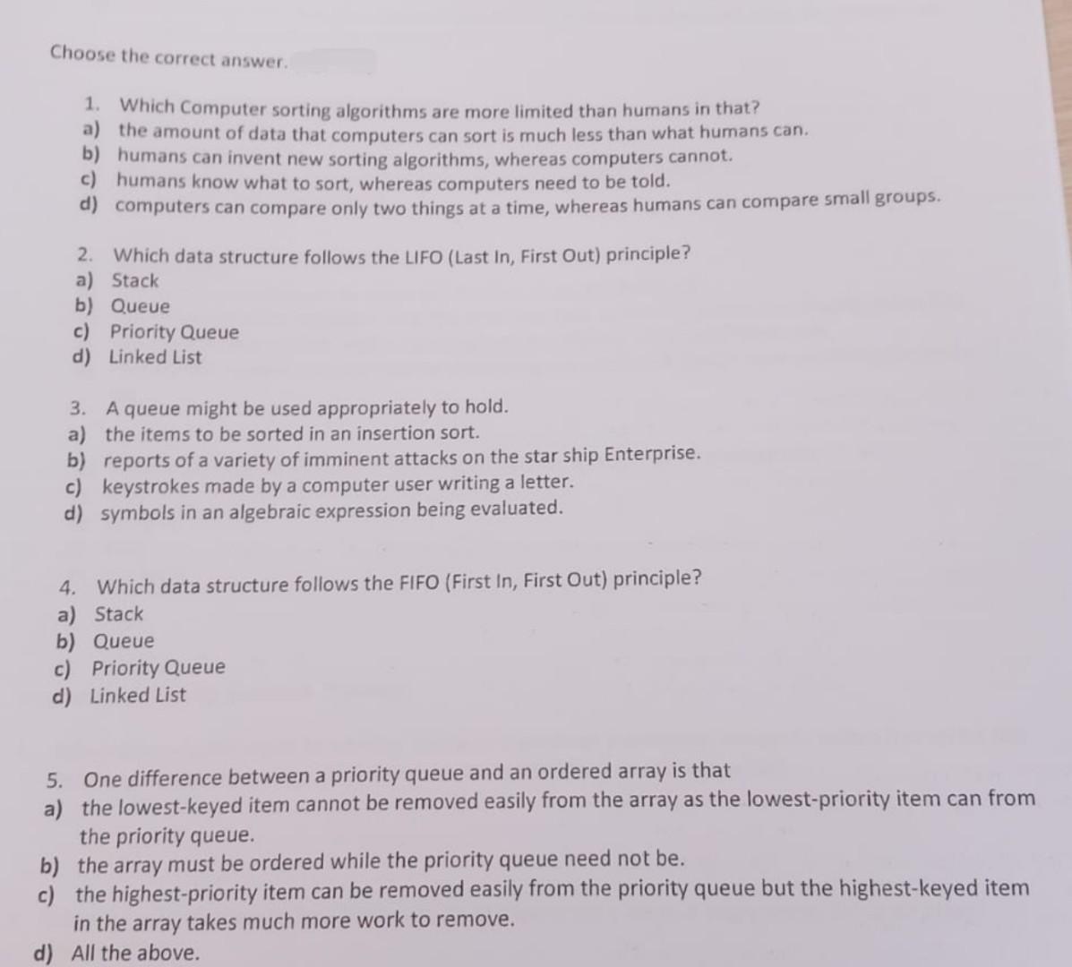 Solved Choose the correct answer. 1. Which Computer sorting | Chegg.com