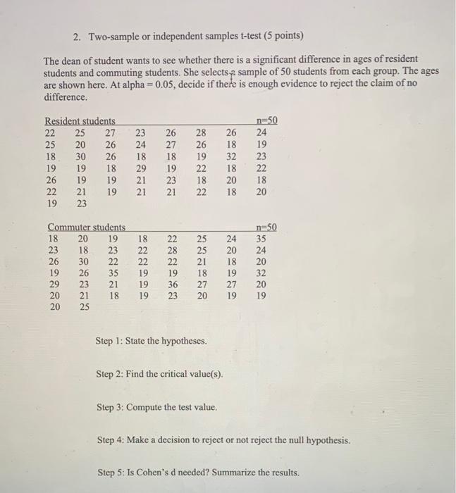 [Solved]: 2. Two-sample or independent samples t-test ( 5 p