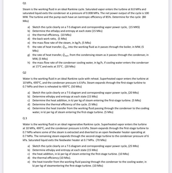 Q1 Steam is the working fluid in an ideal Rankine | Chegg.com