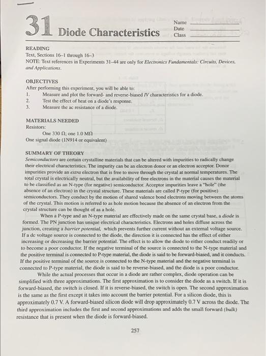Solved 31 Diode Characteristics Name Date Class READING | Chegg.com