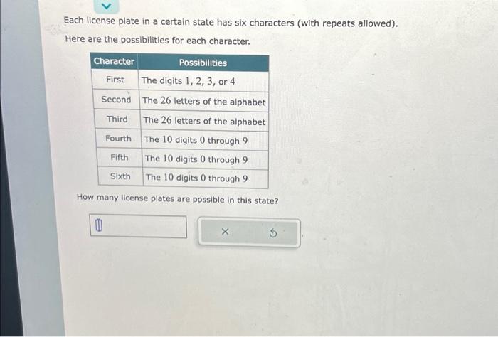 Solved Each license plate in a certain state has six | Chegg.com