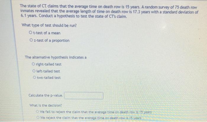 Solved The state of CT daims that the average time on death | Chegg.com