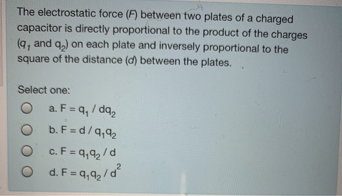 Solved The electrostatic force (F) between two plates of a | Chegg.com