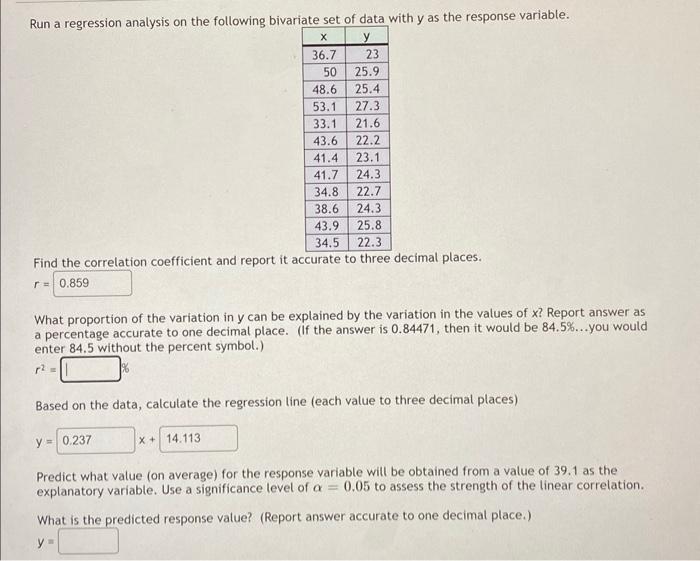 Solved Run a regression analysis on the following bivariato | Chegg.com
