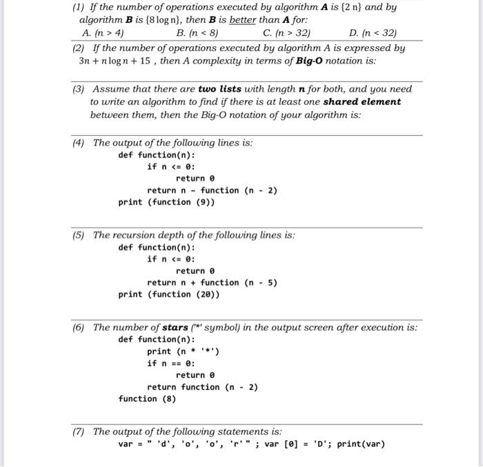 Solved (1) If the number of operations executed by algorithm | Chegg.com