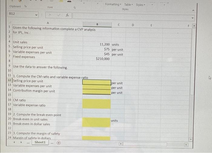 Solved Cvp Analysis Using Excels Basic Math Functions Jpl 