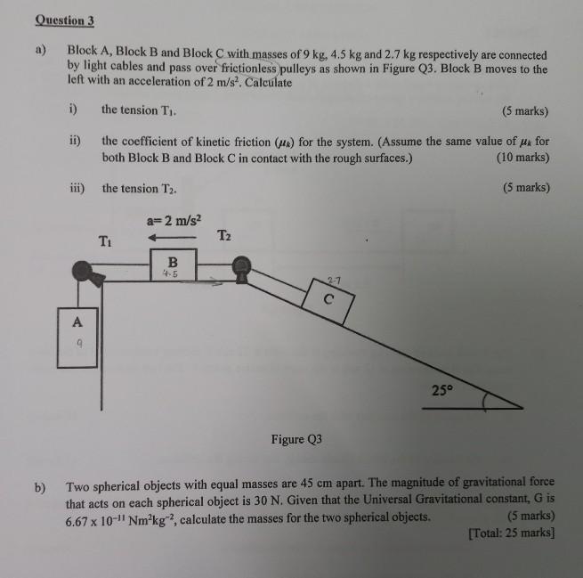 Solved Block A, Block B and Block C with masses of 9 kg,4.5 | Chegg.com