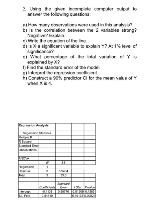 Solved 2. Using the given incomplete computer output to | Chegg.com