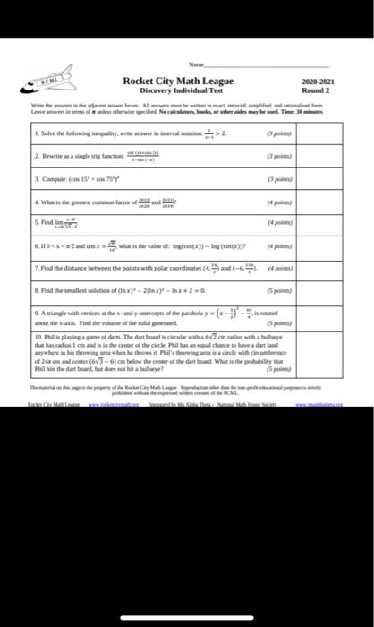 RCML Rocket City Math League 2020-2021 Mercury | Chegg.com