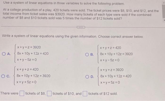 Solved Use a system of linear equations in three variables | Chegg.com