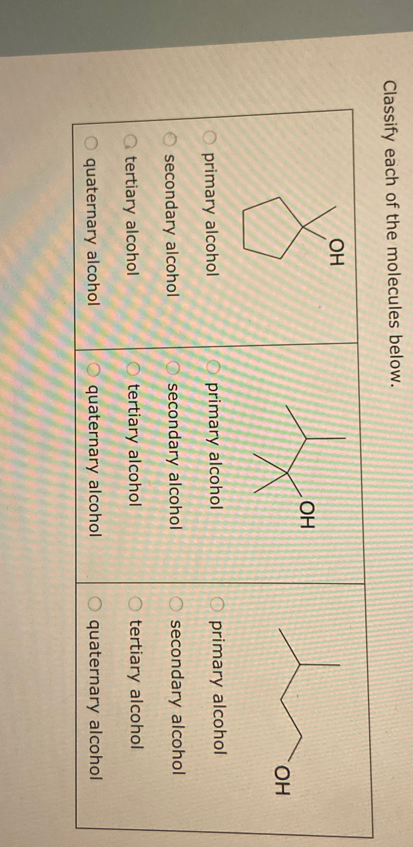 Classify each of the molecules below.\table[[primary | Chegg.com