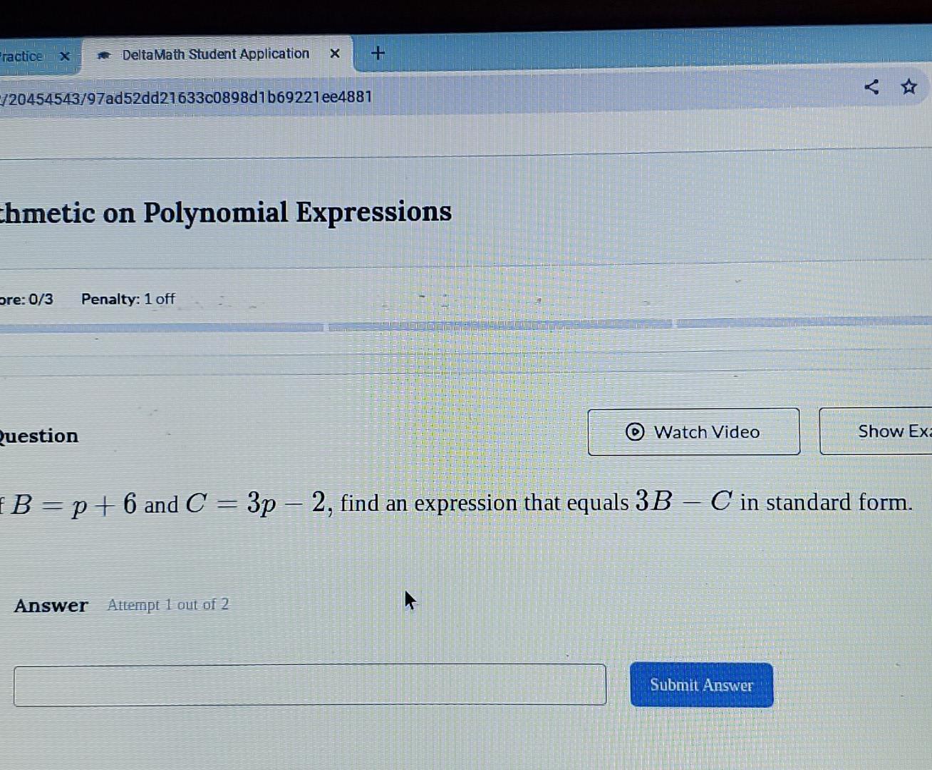 Solved B=p+6 and C=3p−2, find an expression that equals 3B−C | Chegg.com