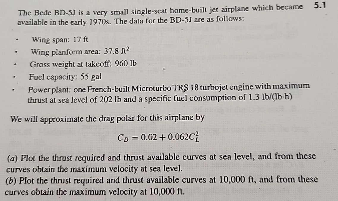 Solved 5.12 ﻿For the BD-5J, ﻿plot the maximum rate of climb | Chegg.com