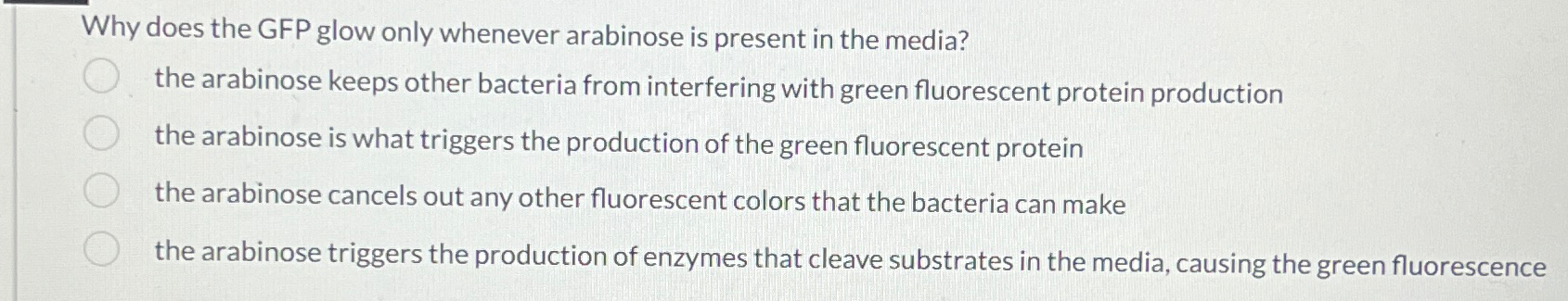 Solved Why does the GFP glow only whenever arabinose is | Chegg.com