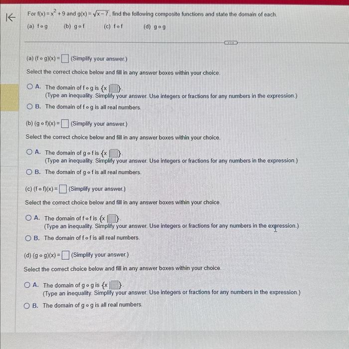 Solved For f(x)=x2+9 and g(x)=x−7, find the following | Chegg.com