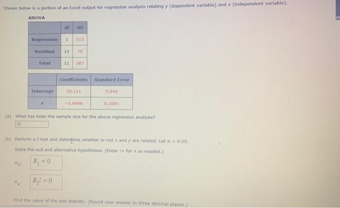 Solved Shown tielow is a portion of an Excel output for | Chegg.com