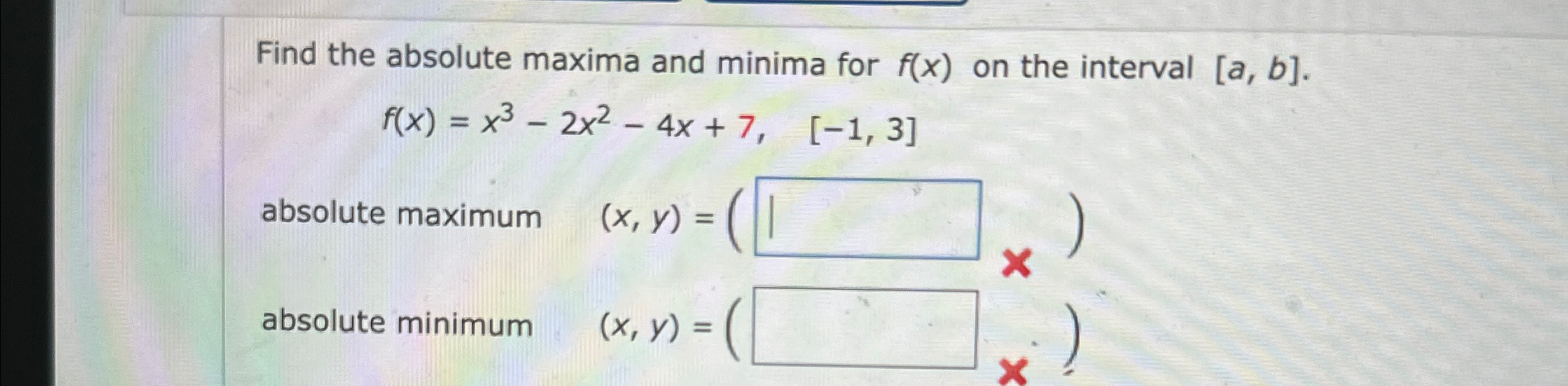 Solved Find the absolute maxima and minima for f(x) ﻿on the | Chegg.com