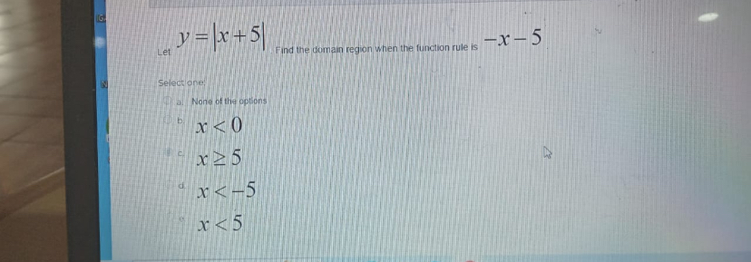 Solved y=|x+5|SelectioneNone of the optionsx