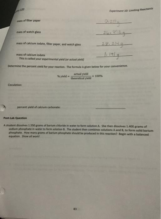Solved 12 Experiment 10-Limiting Reactants mass of filter | Chegg.com