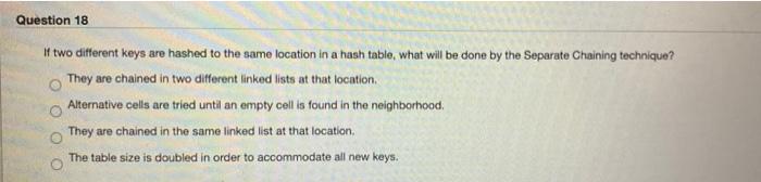 Solved Question 18 If two different keys are hashed to the | Chegg.com