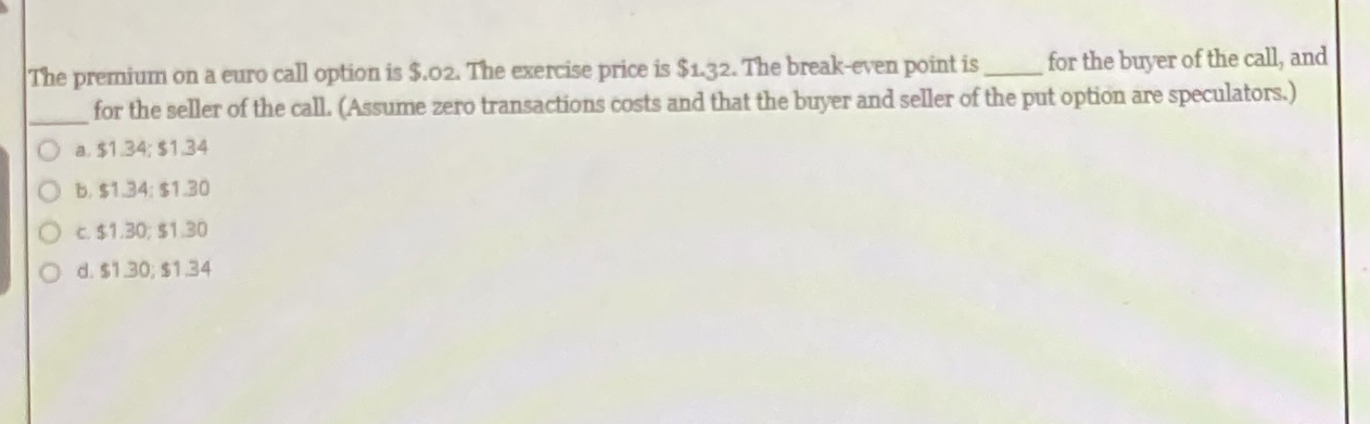 Solved The premium on a euro call option is $.02. ﻿The | Chegg.com