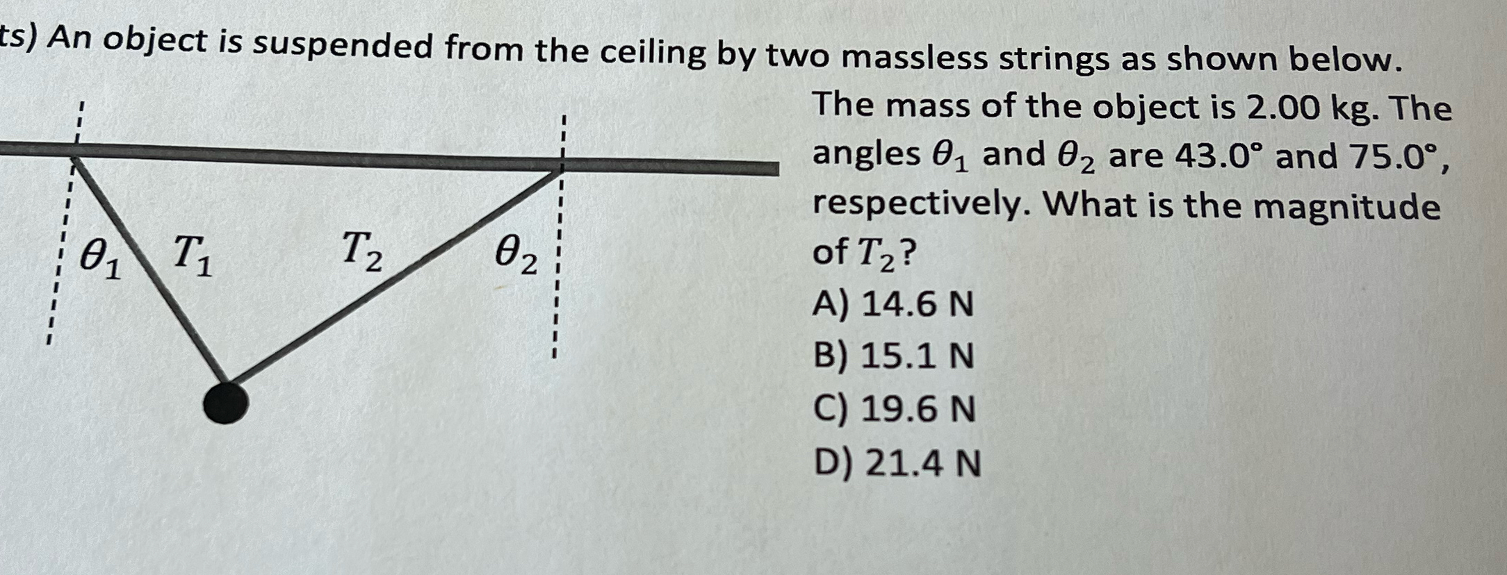 Solved ts) ﻿An object is suspended from the ceiling by two | Chegg.com