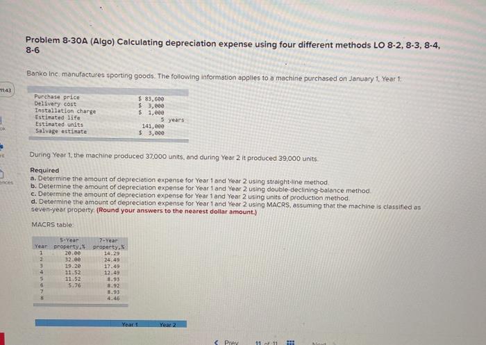 Solved Problem 8-30A (Algo) Calculating depreciation expense | Chegg.com