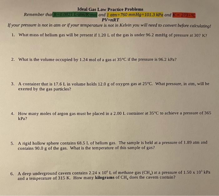 Solved Ideal Gas Law Practice Problems Remember that | Chegg.com