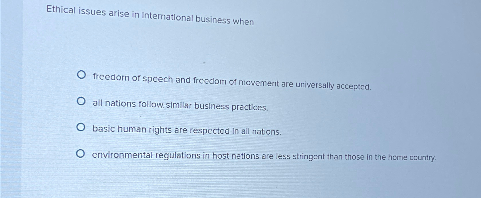 Solved Ethical issues arise in international business | Chegg.com