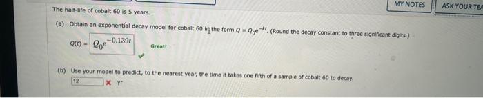 (a) Obtain an exponential decay model for cobalt 60 | Chegg.com