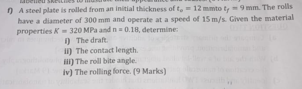 Solved f) ﻿A steel plate is rolled from an initial thickness | Chegg.com